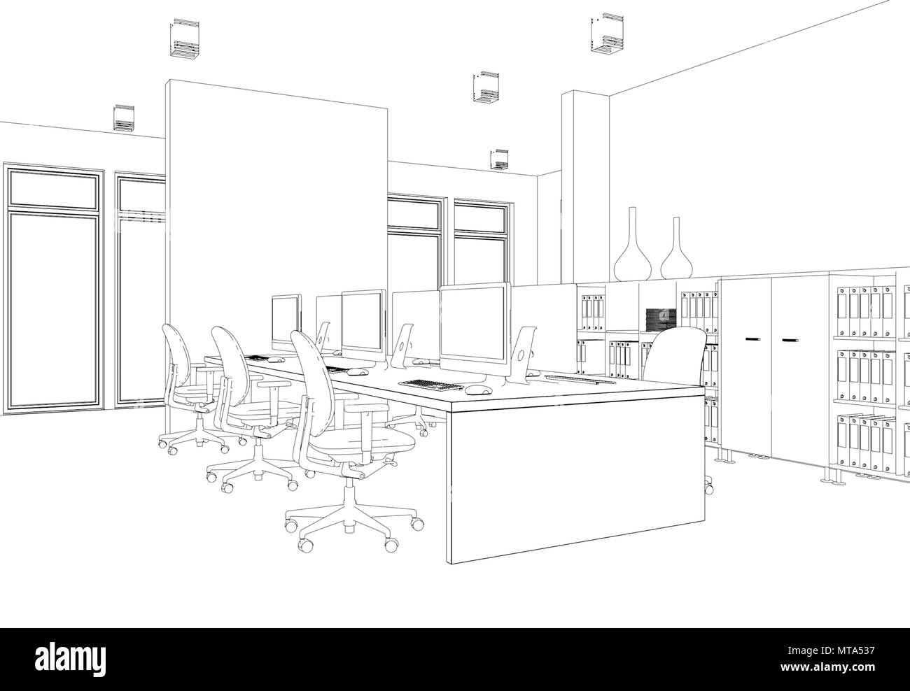 Interior Design big Office Room with desks custom Drawing Stock Photo ...