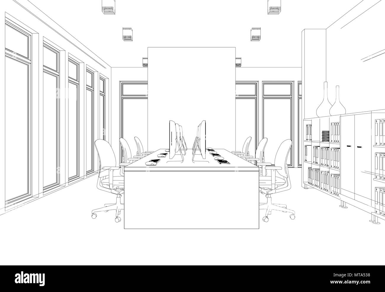 Interior Design big Office Room with desks custom Drawing Stock Photo ...