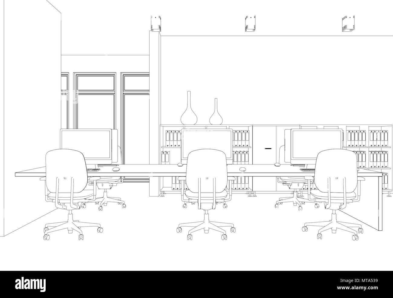 Interior Design big Office Room with desks custom Drawing Stock Photo ...