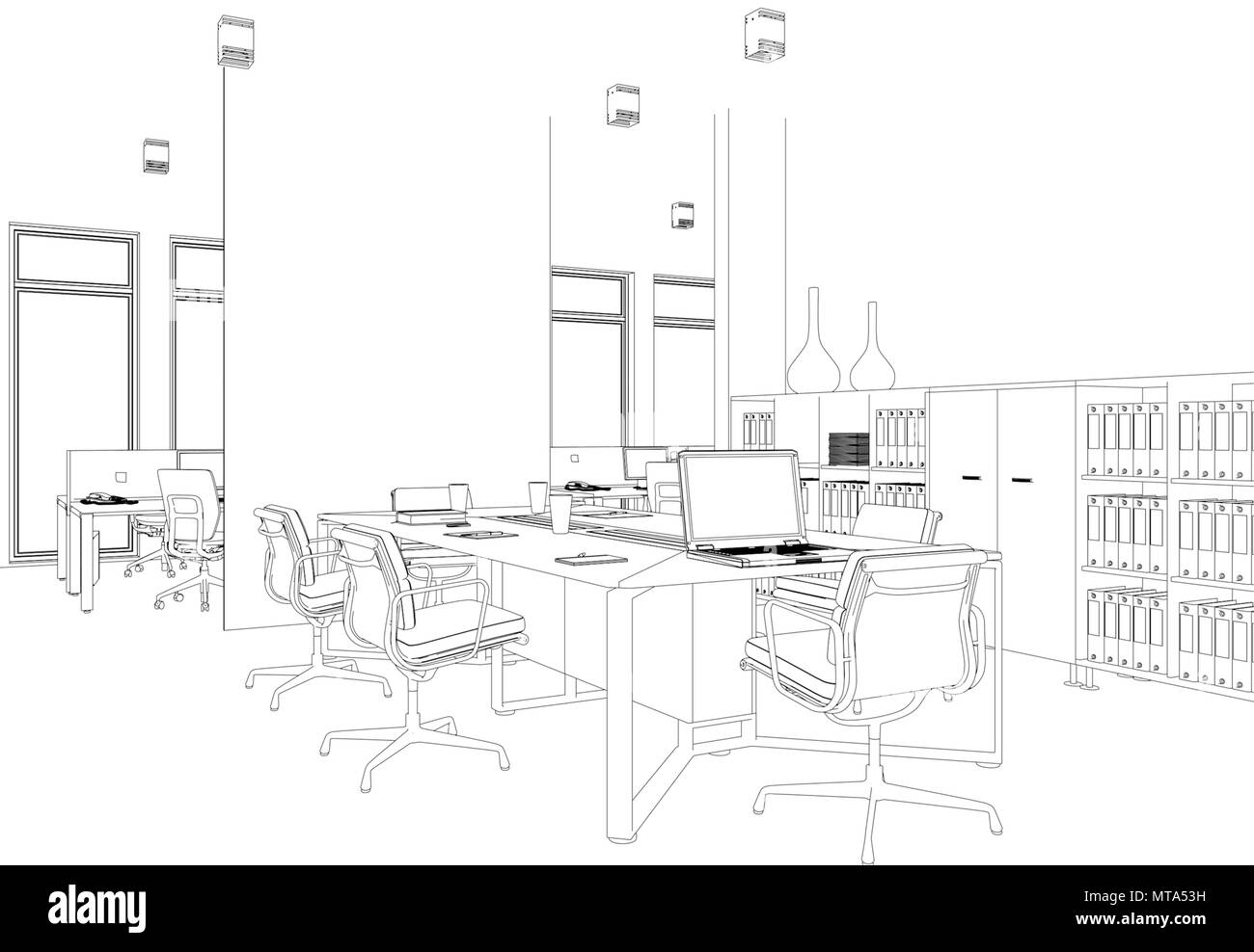 Interior Design big Office Room with desks custom Drawing Stock Photo ...