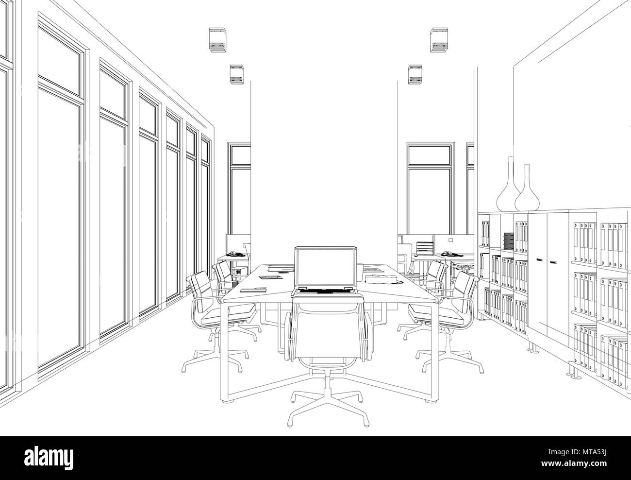 Interior Design big Office Room with desks custom Drawing Stock Photo ...