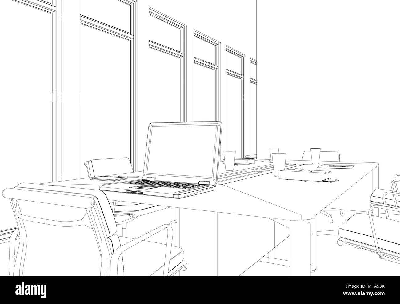 Interior Design big Office Room with desks custom Drawing Stock Photo ...