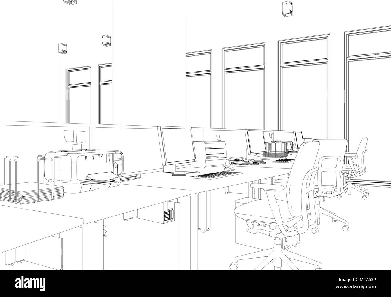 Interior Design big Office Room with desks custom Drawing Stock Photo ...