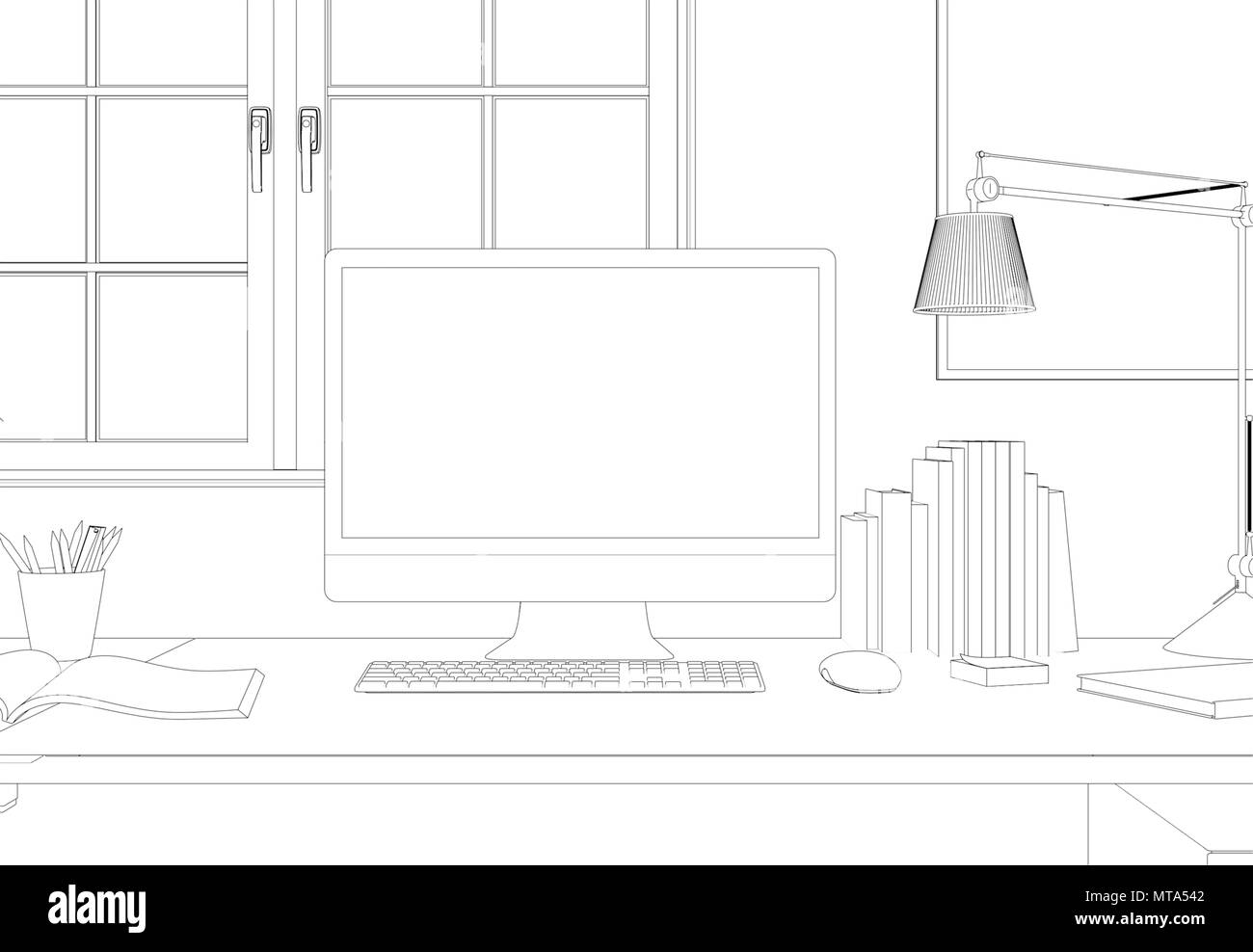 Interior Design big Office Room with desks custom Drawing Stock Photo ...