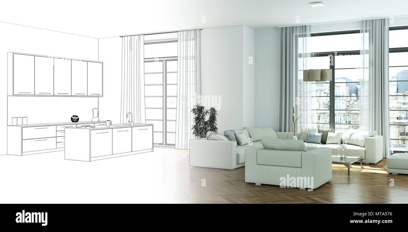 Interior Design Living Room Drawing Gradation Into Photograph Stock ...