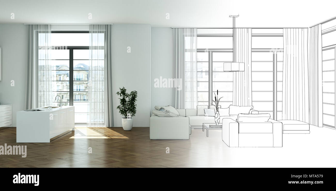 Interior Design Living Room Drawing Gradation Into Photograph Stock ...