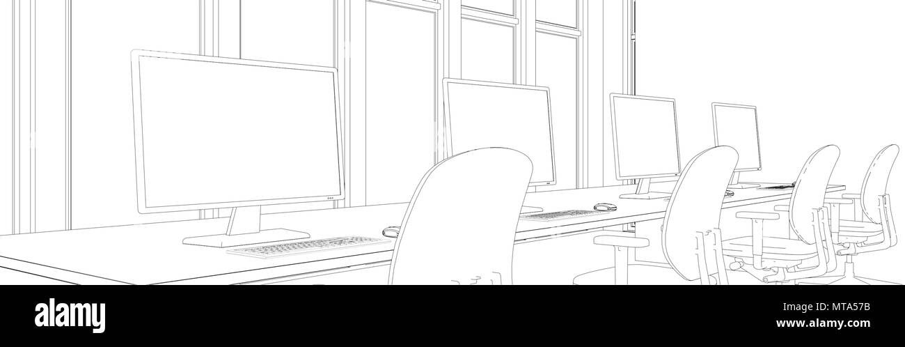 Interior Design big Office Room with desks custom Drawing Stock Photo ...