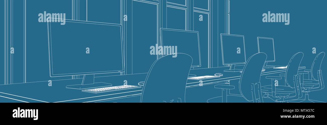 Interior Design big Office Room with desks custom Drawing Stock Photo ...