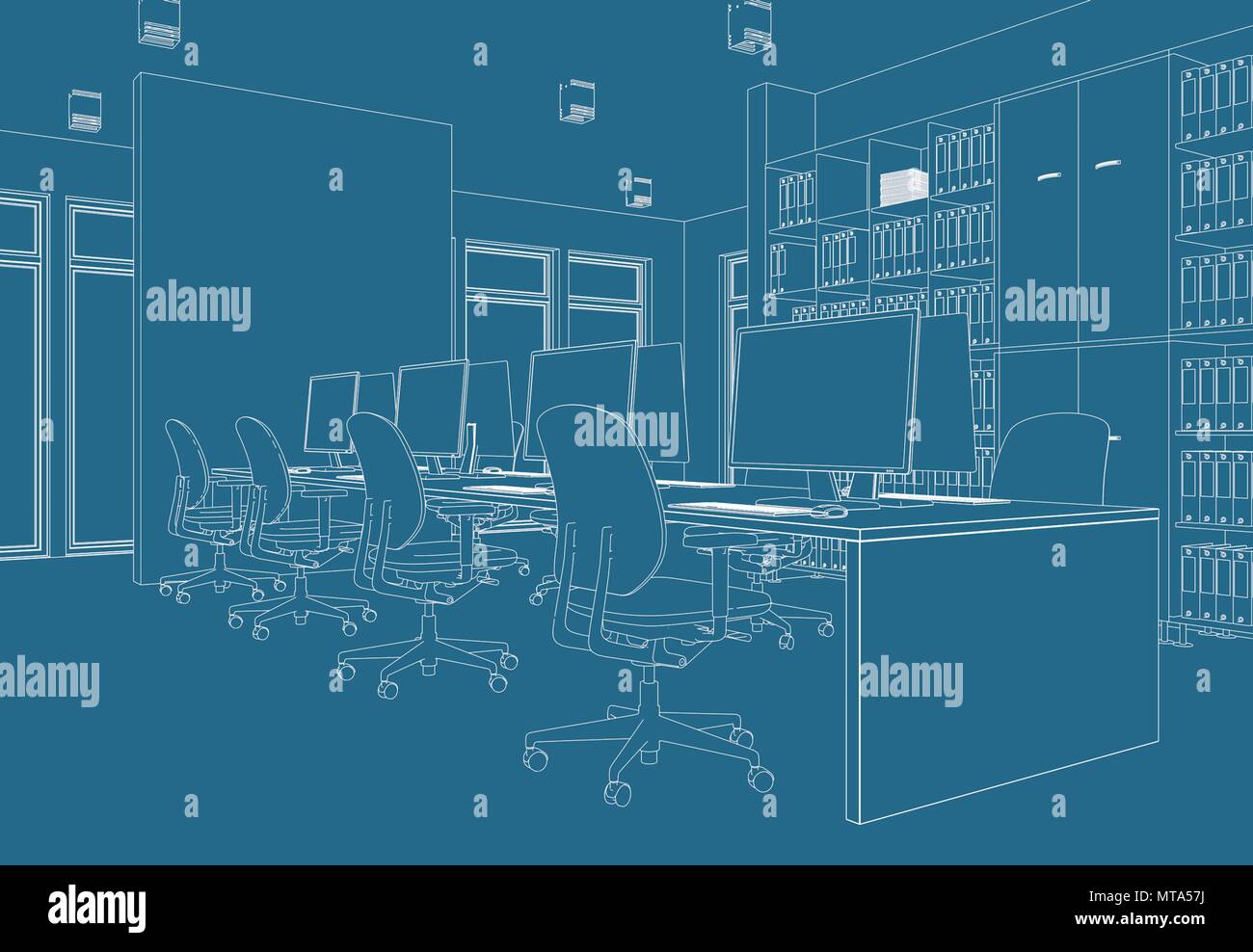 Interior Design big Office Room with desks custom Drawing Stock Photo ...