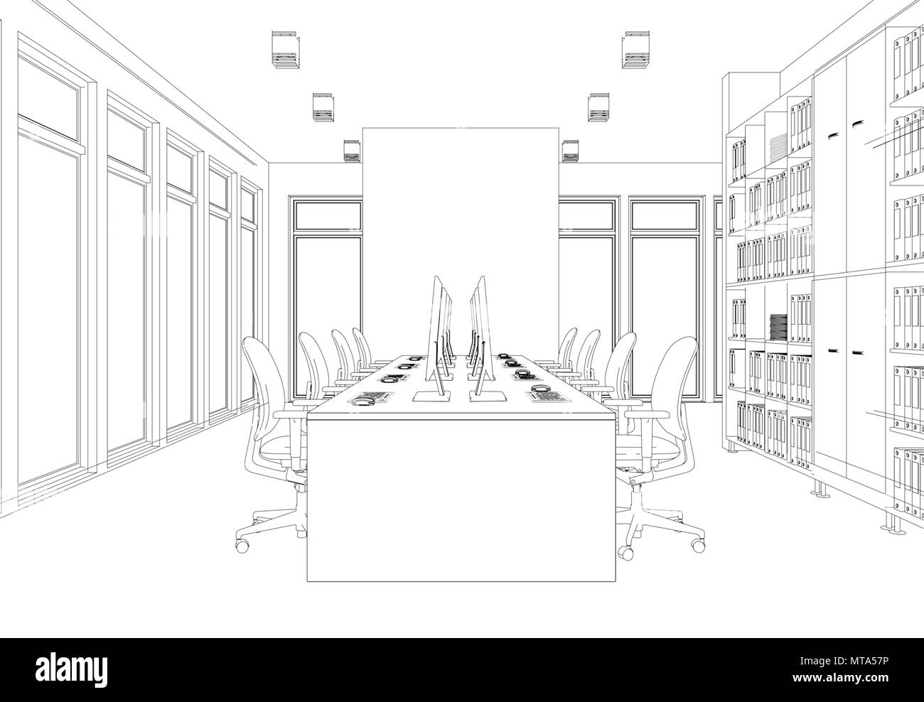 Interior Design big Office Room with desks custom Drawing Stock Photo ...