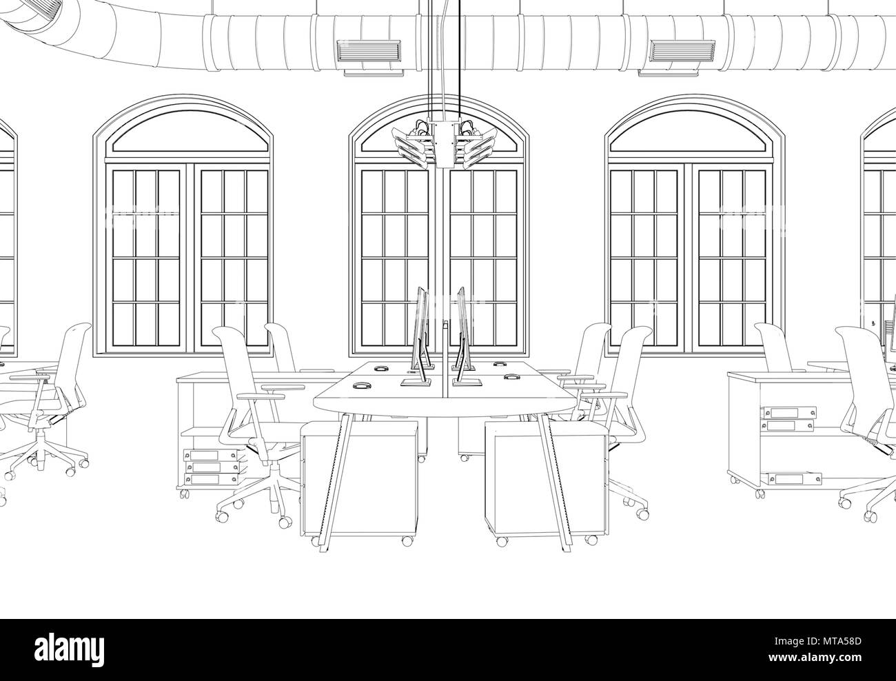 Interior Design big Office Room with desks custom Drawing Stock Photo ...