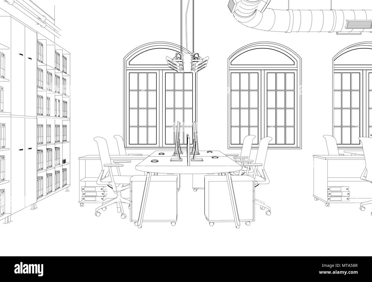 Interior Design big Office Room with desks custom Drawing Stock Photo ...