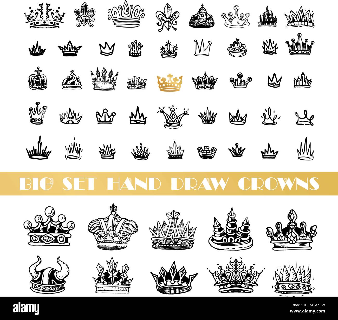 Vector heraldic elements design. A big set of black crowns. Hand drawn ...