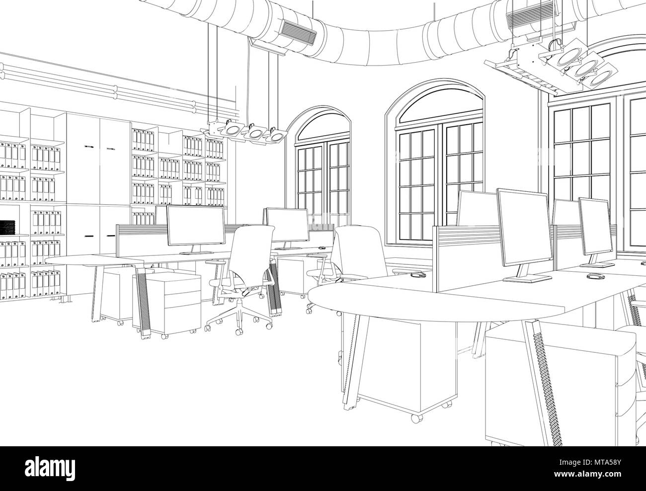 Interior Design big Office Room with desks custom Drawing Stock Photo ...