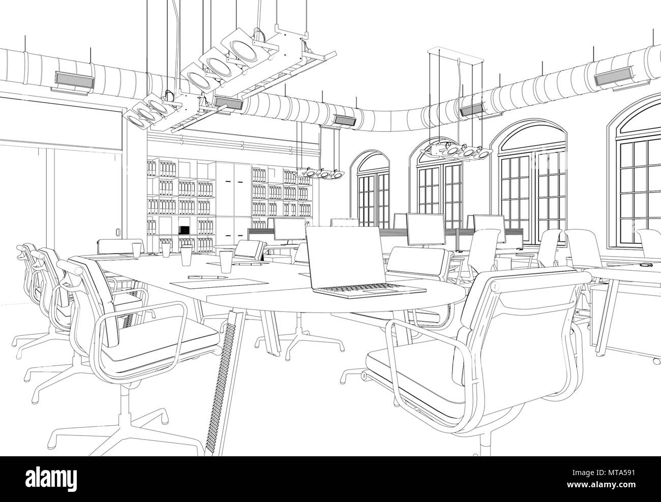 Interior Design big Office Room with desks custom Drawing Stock Photo ...
