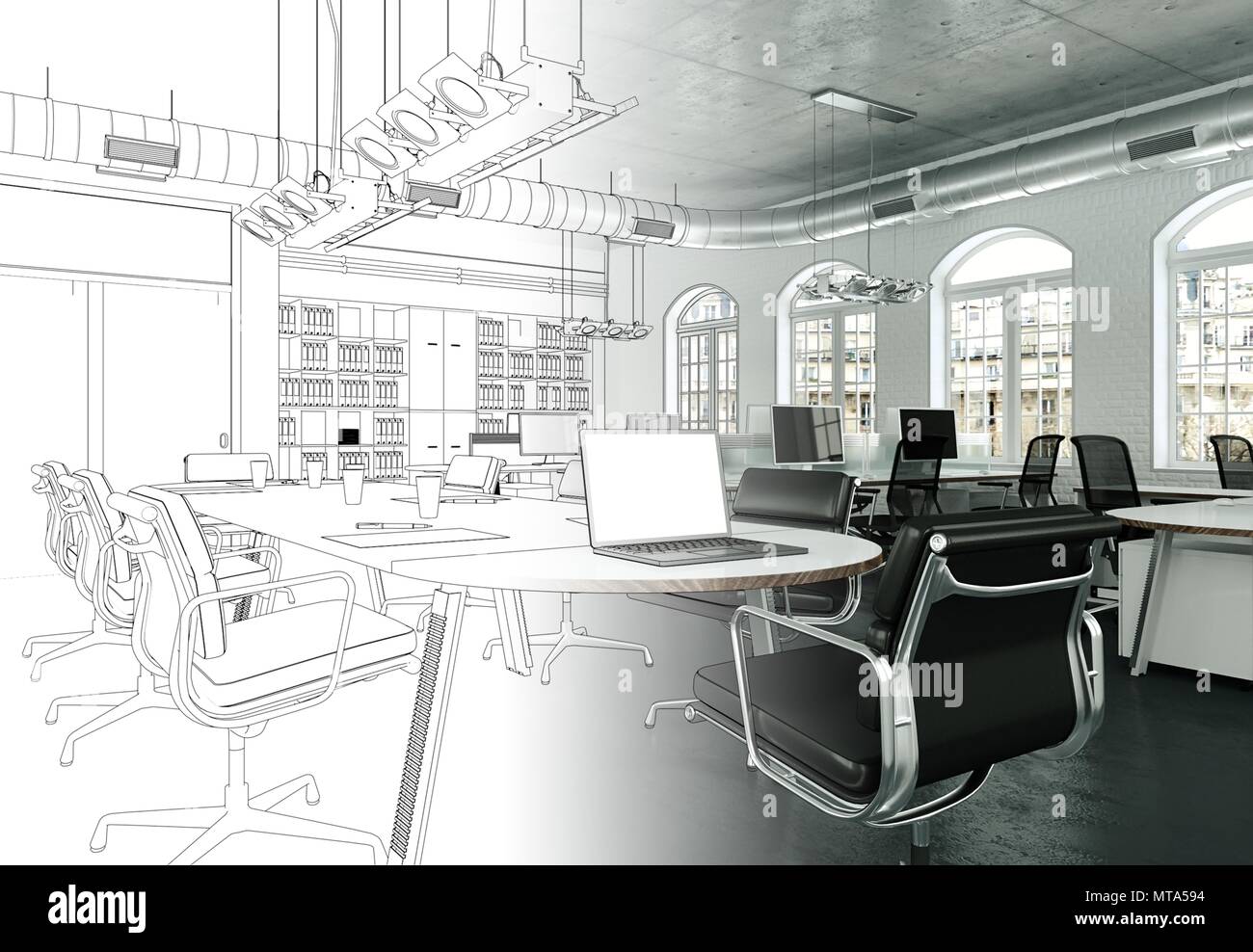 Interior Design Office Drawing Gradation Into Photograph Stock Photo ...