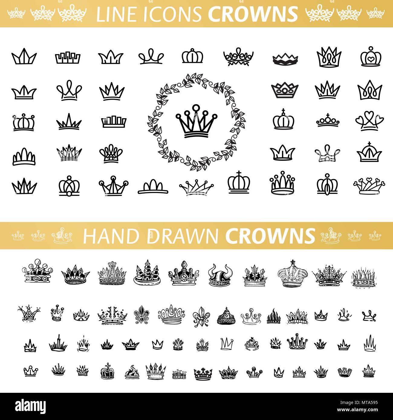Vector heraldic elements design. A big set of black crowns. Hand drawn ...