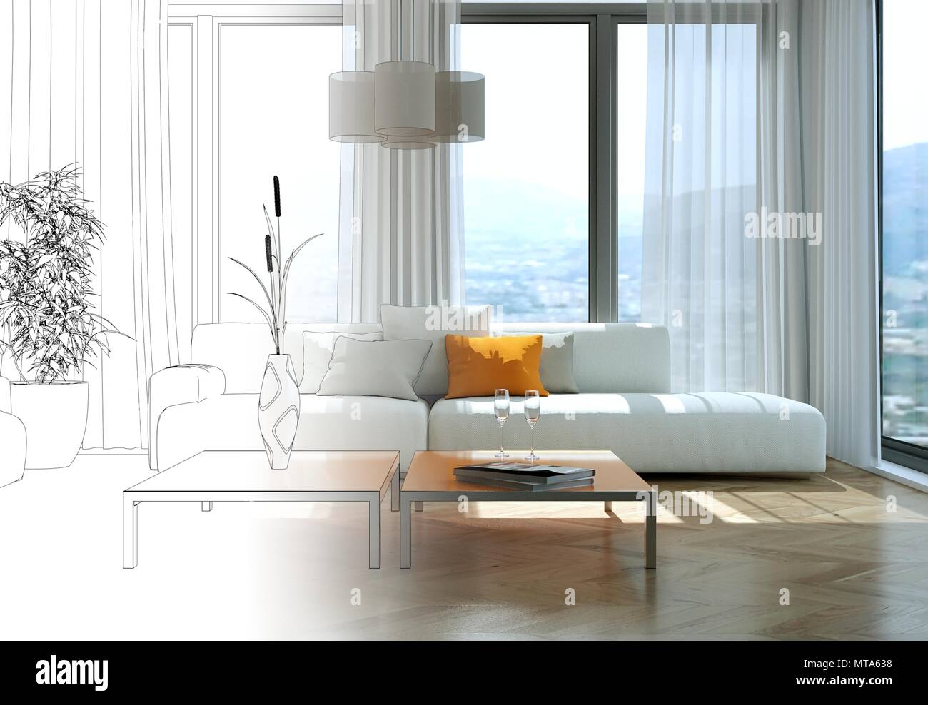 Interior Design Living Room Drawing Gradation Into Photograph Stock ...