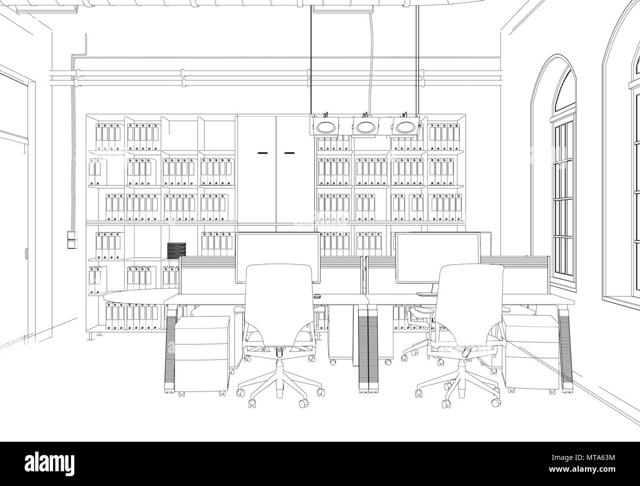 Interior Design big Office Room with desks custom Drawing Stock Photo ...