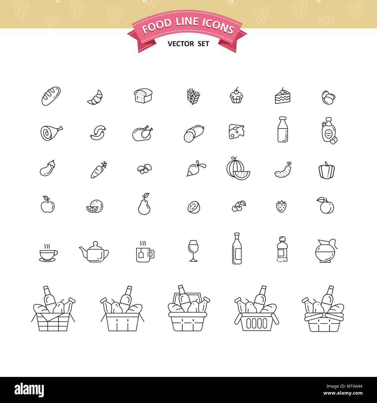 Set of food and drinks icons for restaurant, grocery store, commercial ...