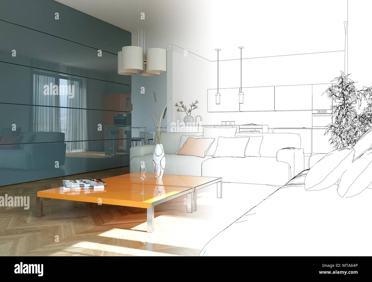 Interior Design Living Room Drawing Gradation Into Photograph Stock ...