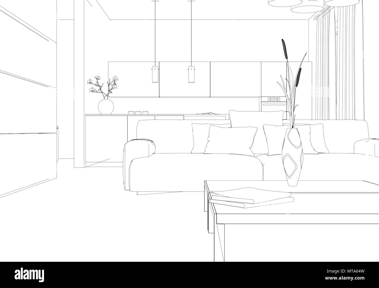Interior Design Living Room custom Drawing Stock Photo - Alamy