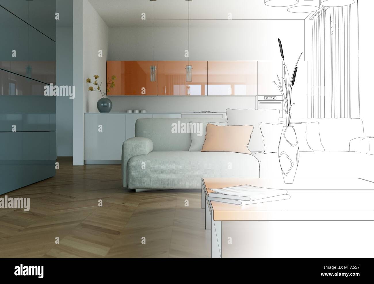 Interior Design Living Room Drawing Gradation Into Photograph Stock ...