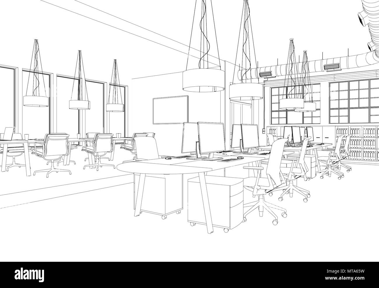 Interior Design big Office Room with desks custom Drawing Stock Photo ...