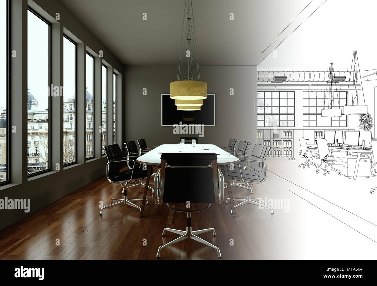Interior Design Office Drawing Gradation Into Photograph Stock Photo ...