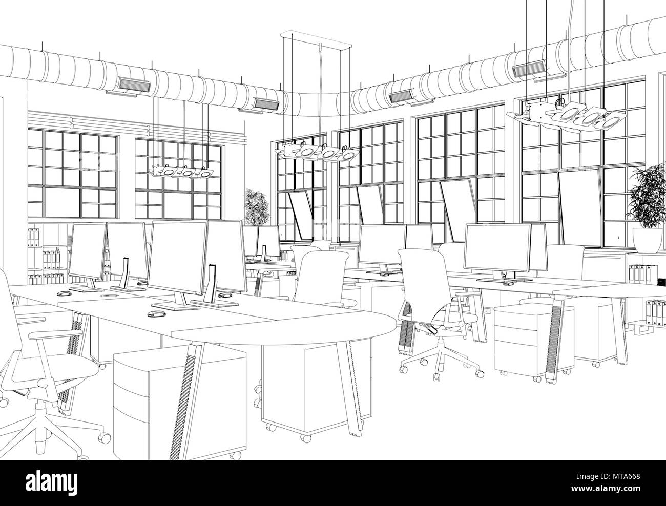 Interior Design big Office Room with desks custom Drawing Stock Photo ...