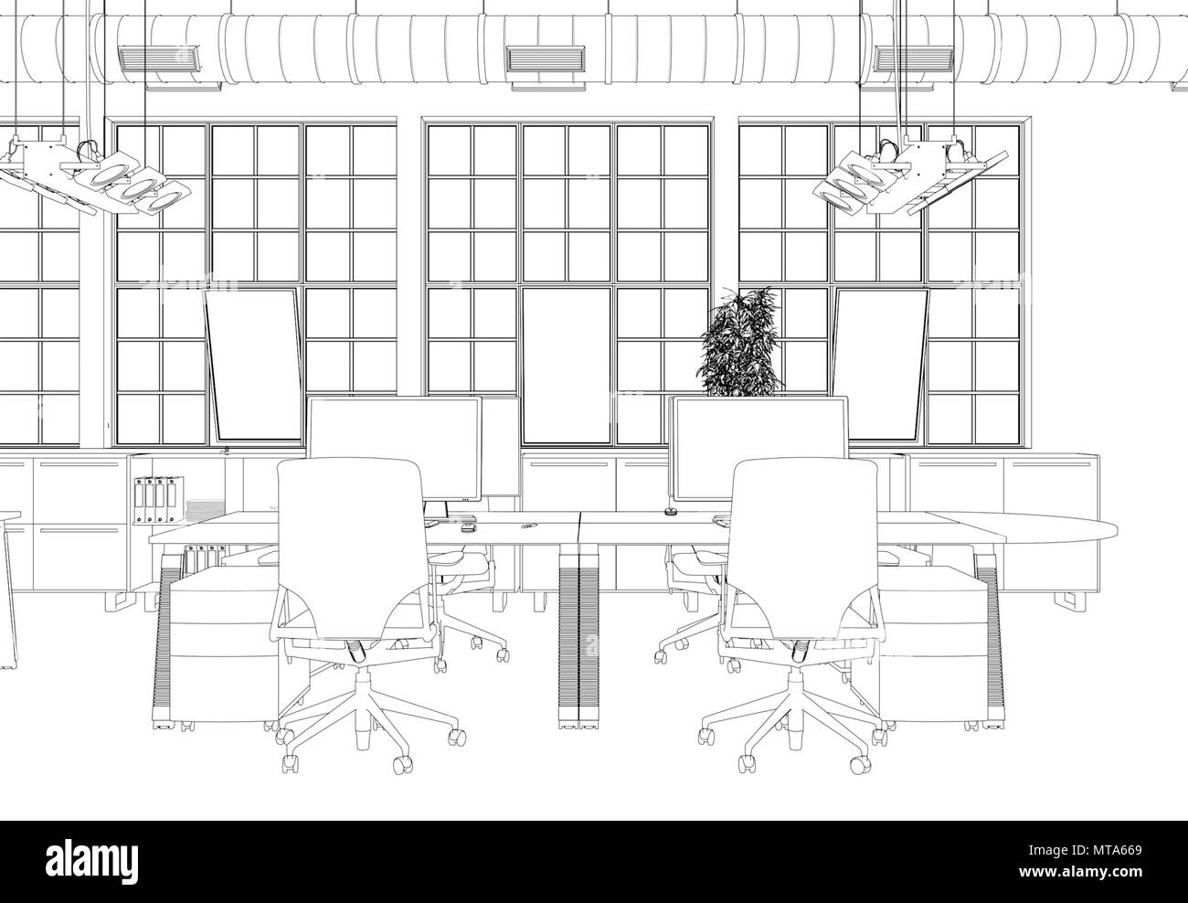 Interior Design big Office Room with desks custom Drawing Stock Photo ...