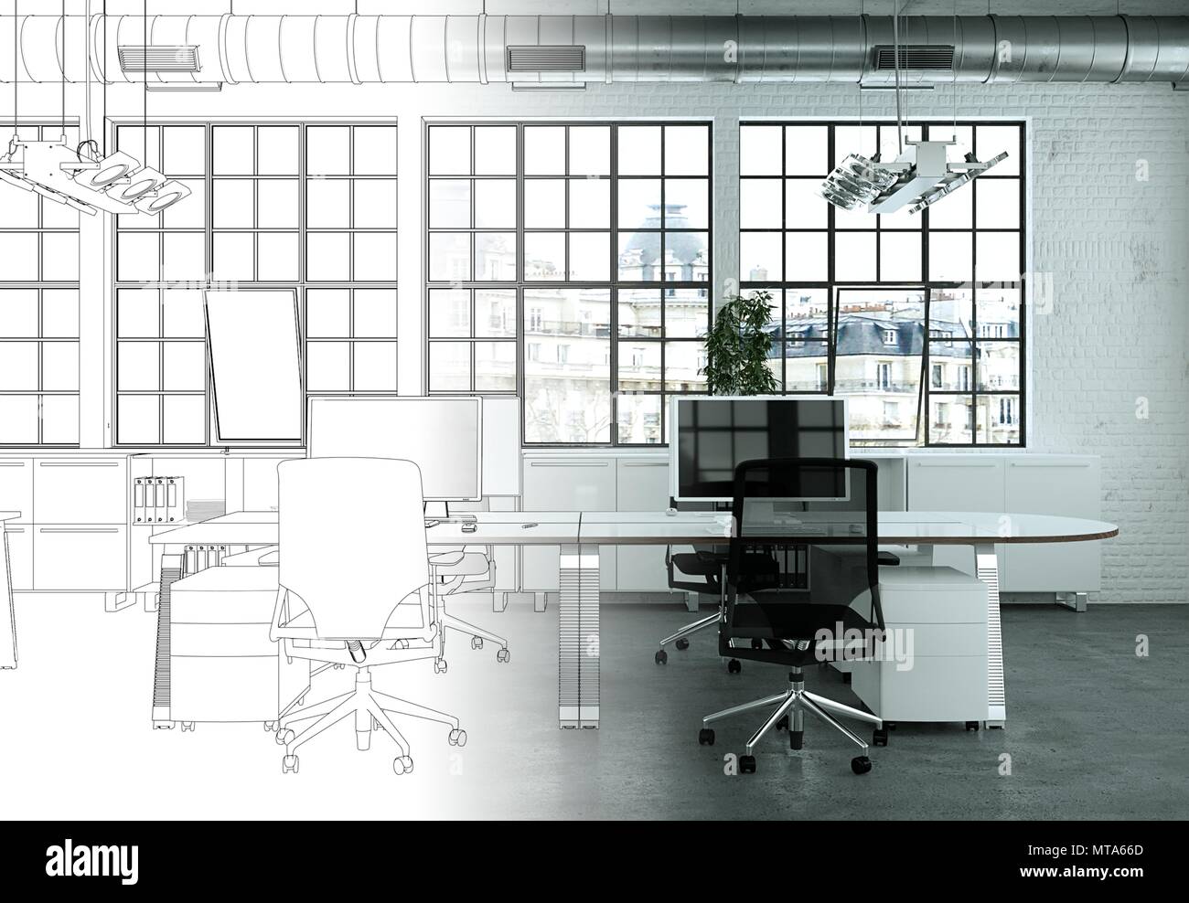 Interior Design Office Drawing Gradation Into Photograph Stock Photo ...