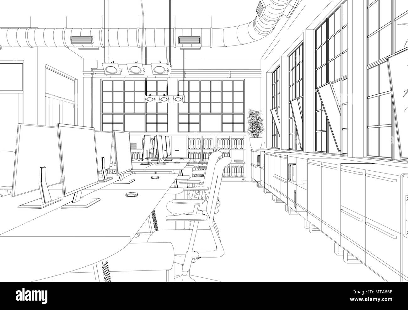 Interior Design big Office Room with desks custom Drawing Stock Photo ...