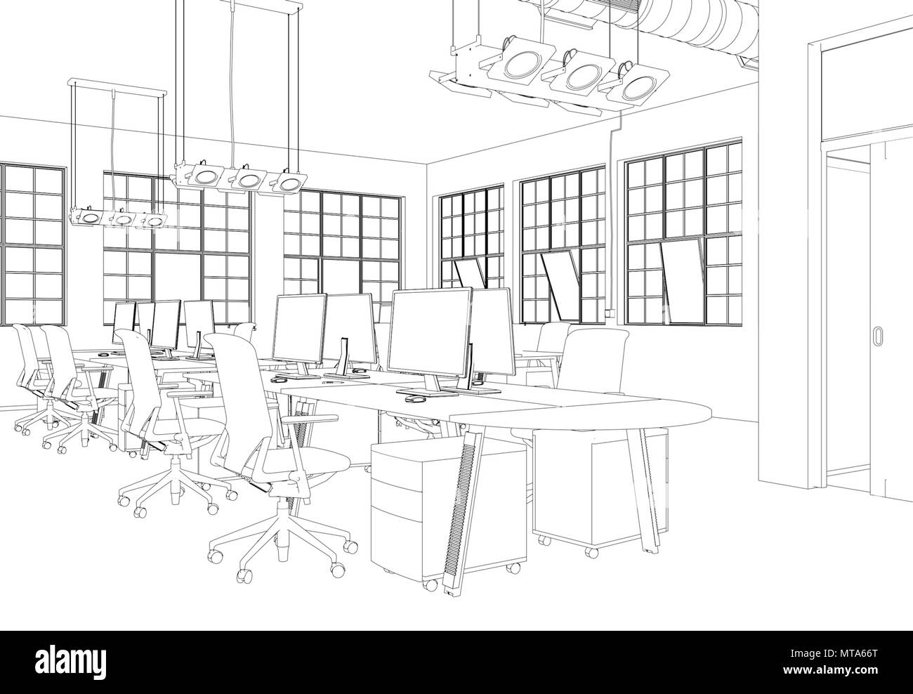 Interior Design big Office Room with desks custom Drawing Stock Photo ...