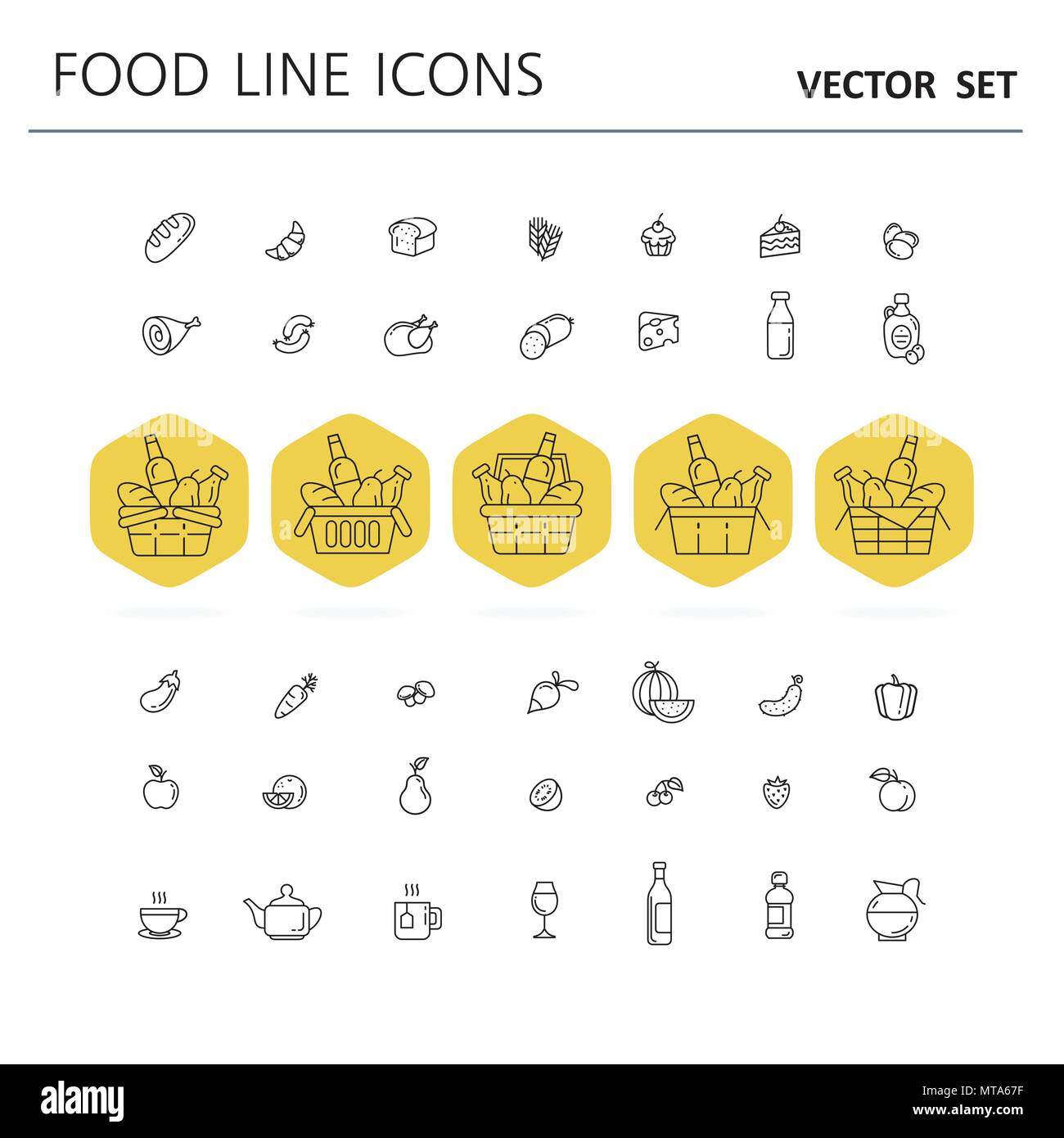 Set of food and drinks icons for restaurant, grocery store, commercial ...