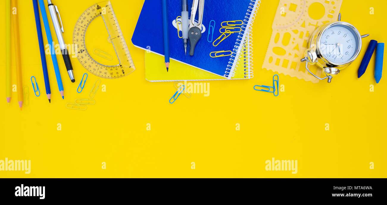 back to school styed blue and yellow scene border with school supplies ...