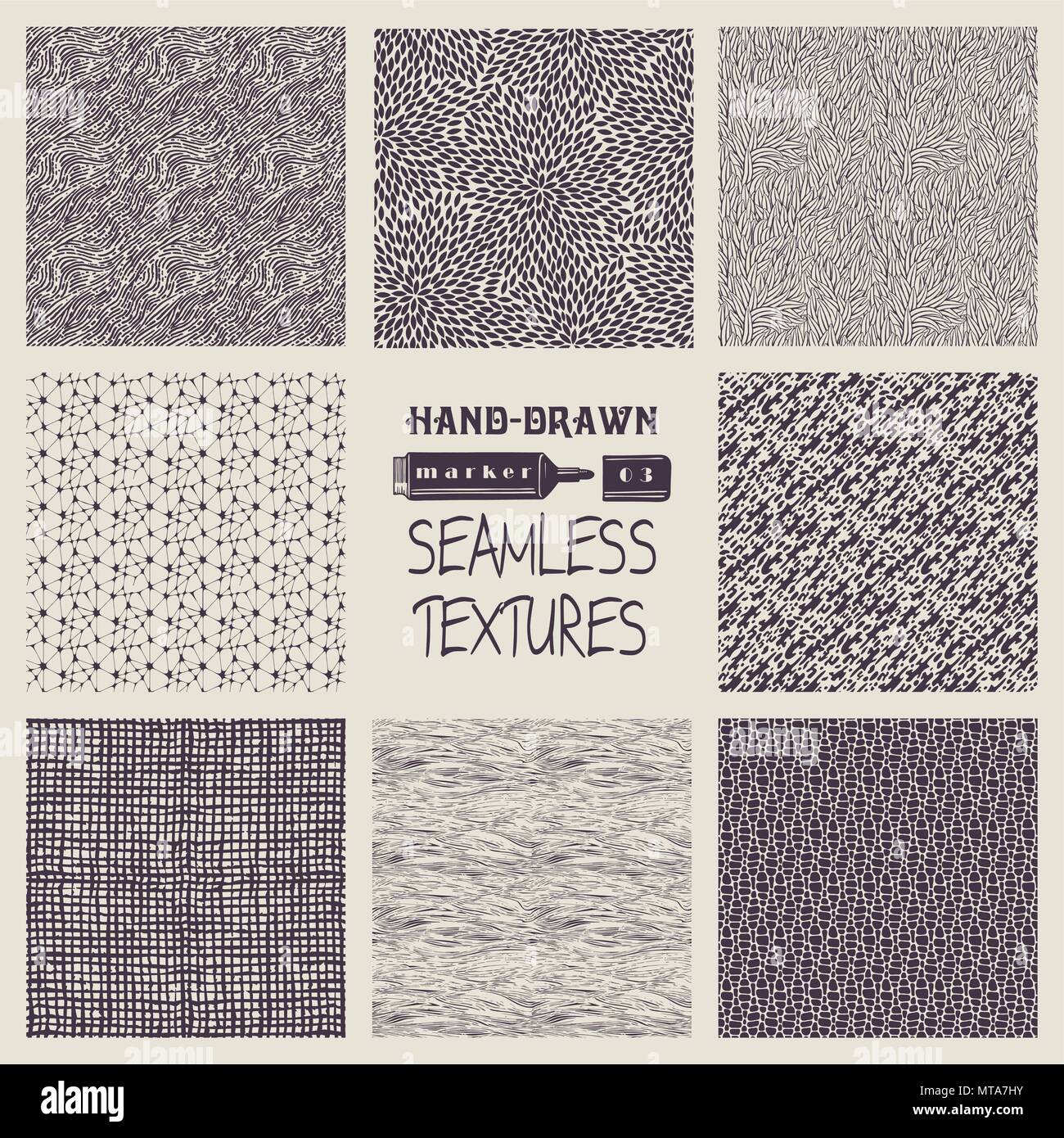 Set of hand drawn marker and ink seamless patterns. Simple vector ...