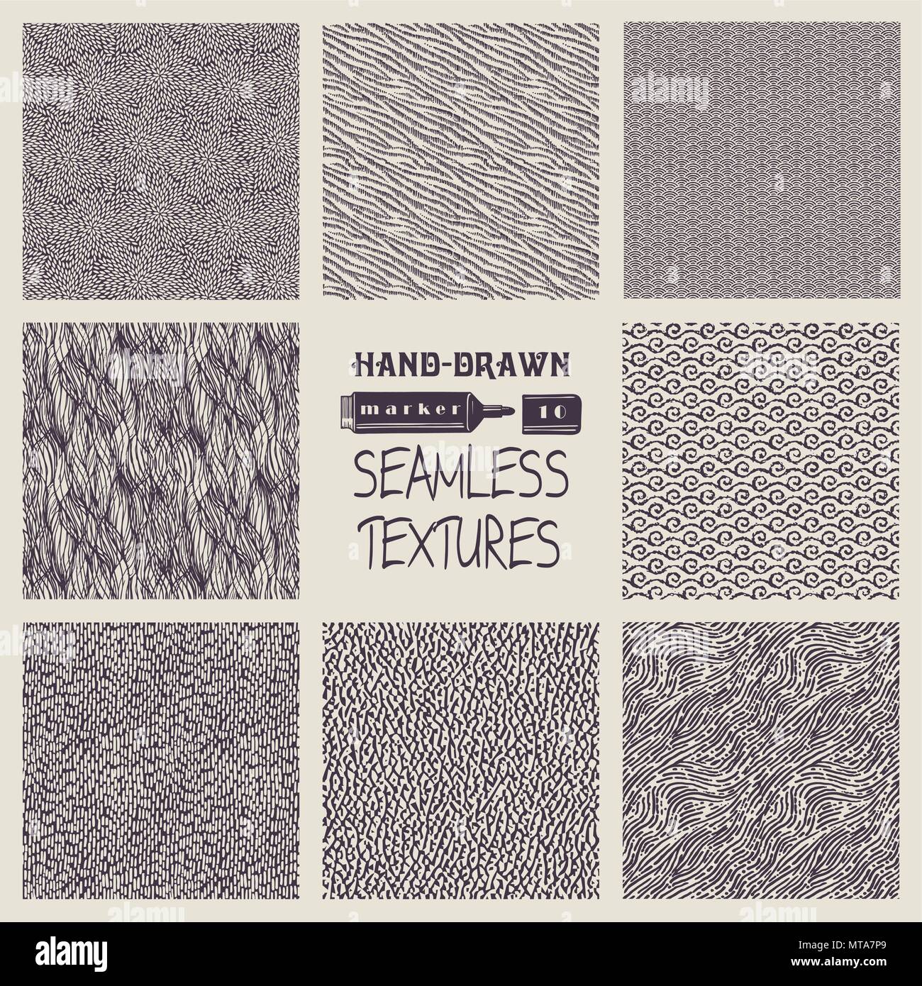 Set of hand drawn marker and ink seamless patterns. Simple vector ...