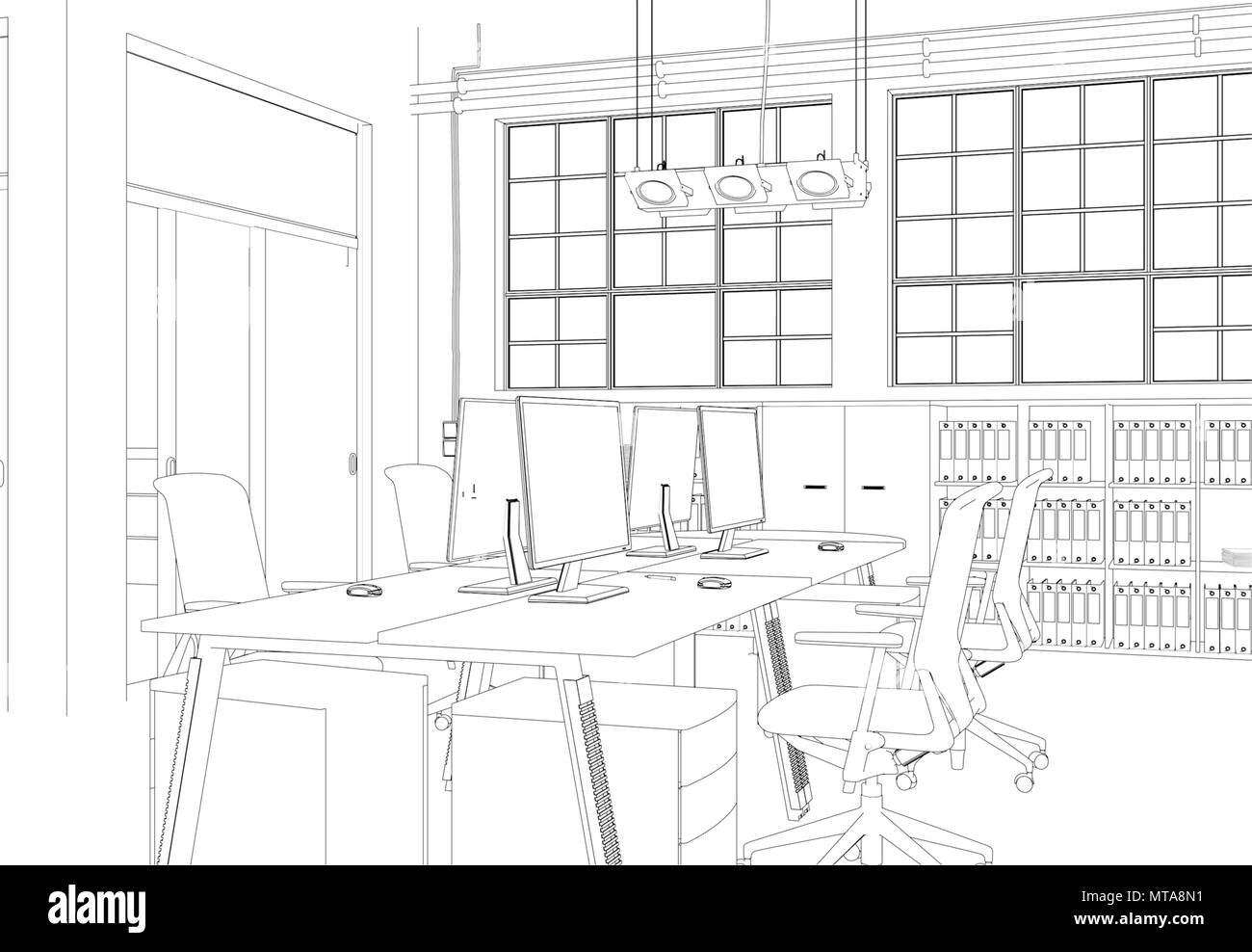 Interior Design big Office Room with desks custom Drawing Stock Photo ...