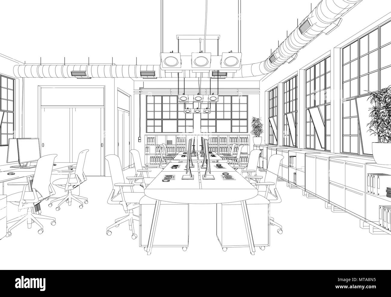 Interior Design big Office Room with desks custom Drawing Stock Photo ...