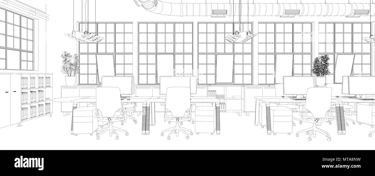 Interior Design big Office Room with desks custom Drawing Stock Photo ...