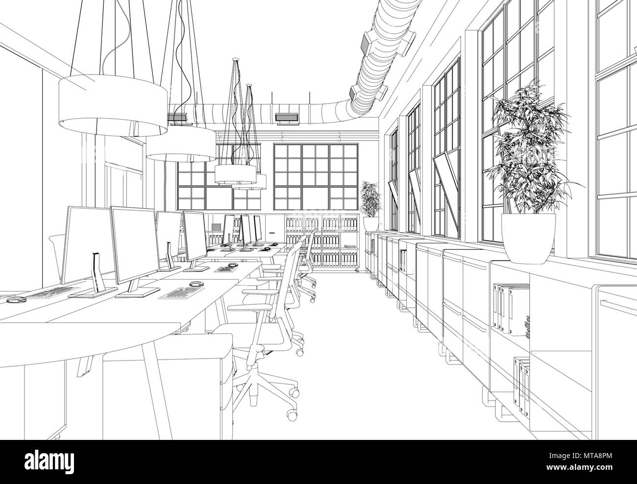 Interior Design big Office Room with desks custom Drawing Stock Photo ...