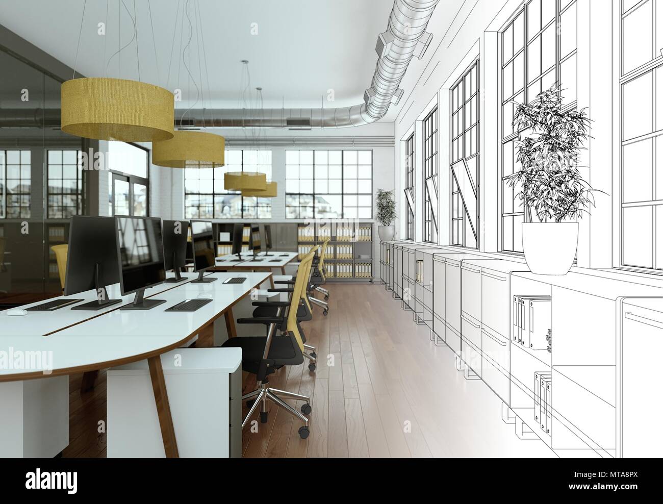 Interior Design Office Drawing Gradation Into Photograph Stock Photo ...