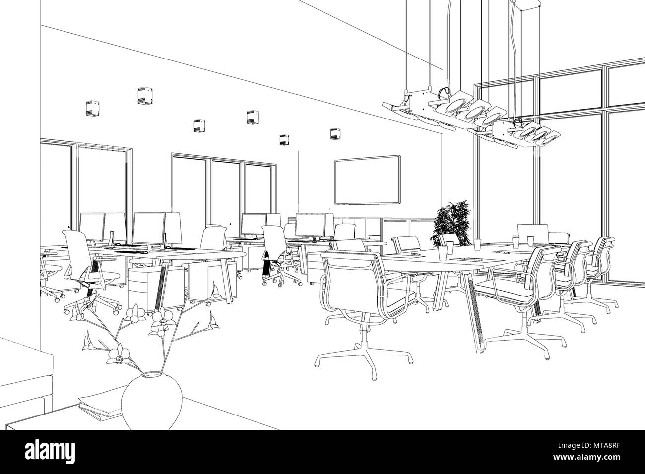 Interior Design big Office Room with desks custom Drawing Stock Photo ...