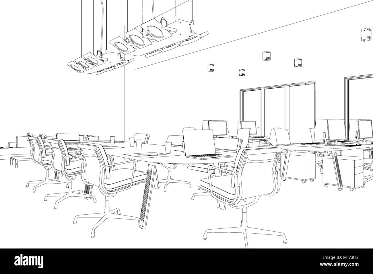 Interior Design big Office Room with desks custom Drawing Stock Photo ...