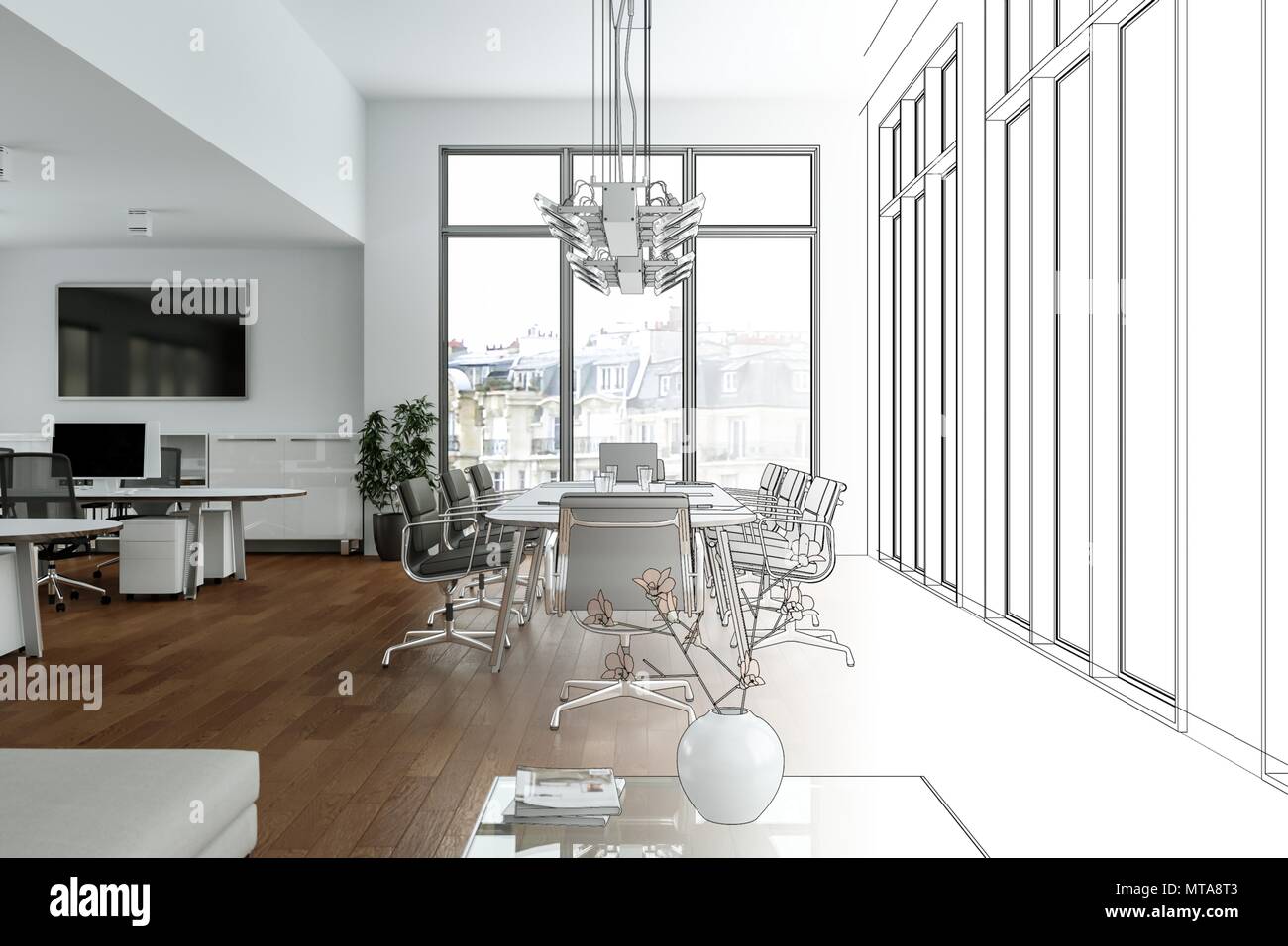 Interior Design Office Drawing Gradation Into Photograph Stock Photo ...
