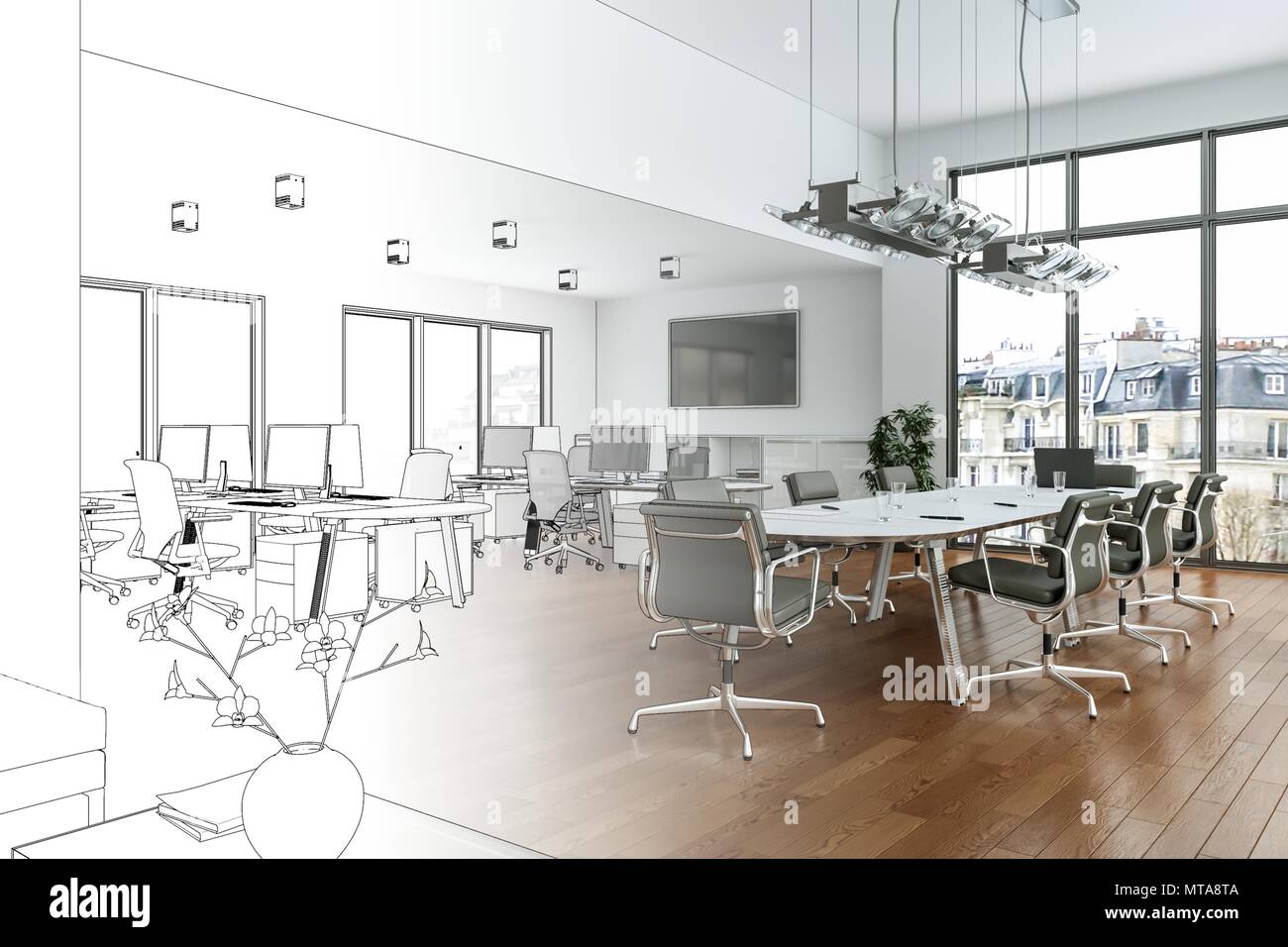 Interior Design Office Drawing Gradation Into Photograph Stock Photo ...