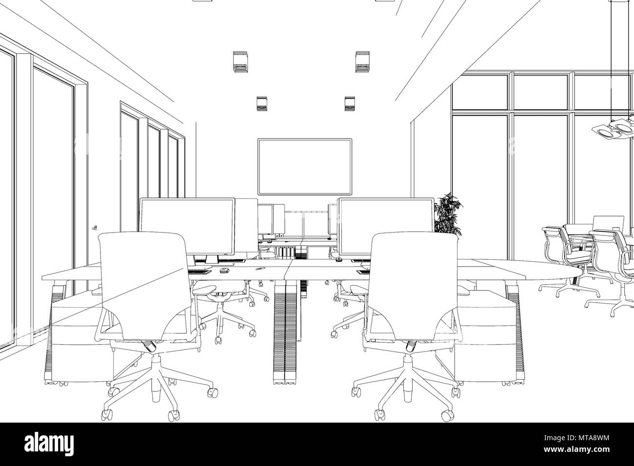 Interior Design big Office Room with desks custom Drawing Stock Photo ...