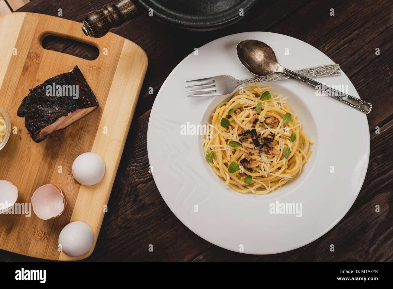 Italian cuisine pasta spaghetti ala carbora with egg, cheese parmasan ...