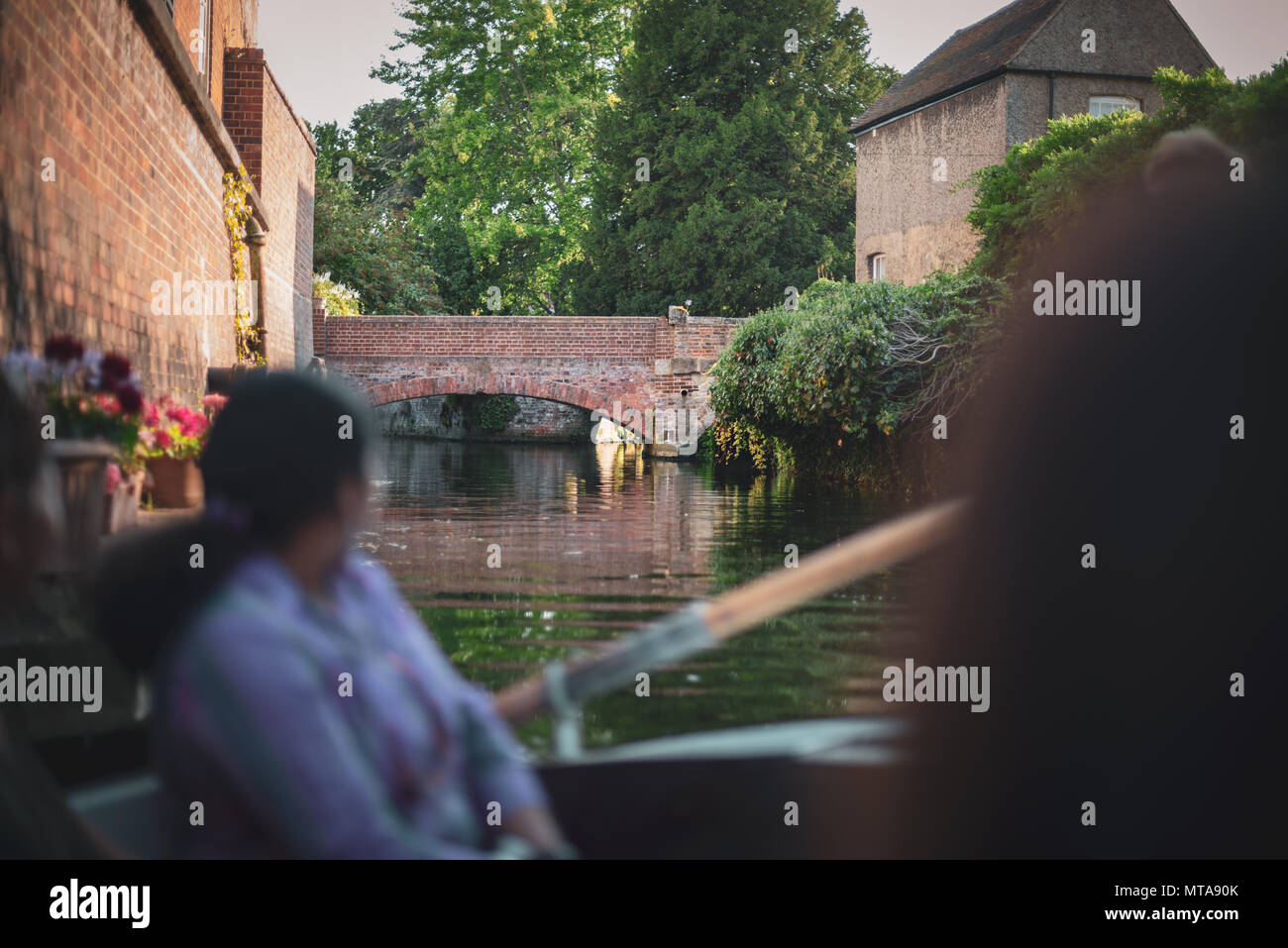 Tourists on a rowing boat trip on the Great Stour river at Canterbury ...